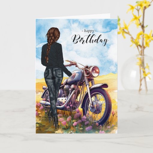 Biker Chick Motorcycle Wildflower Meadow Birthday Card | Zazzle