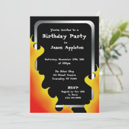 Biker Flames Silver Frame Birthday Invitations | Zazzle