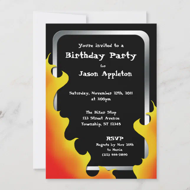 Biker Flames Silver Frame Birthday Invitations | Zazzle