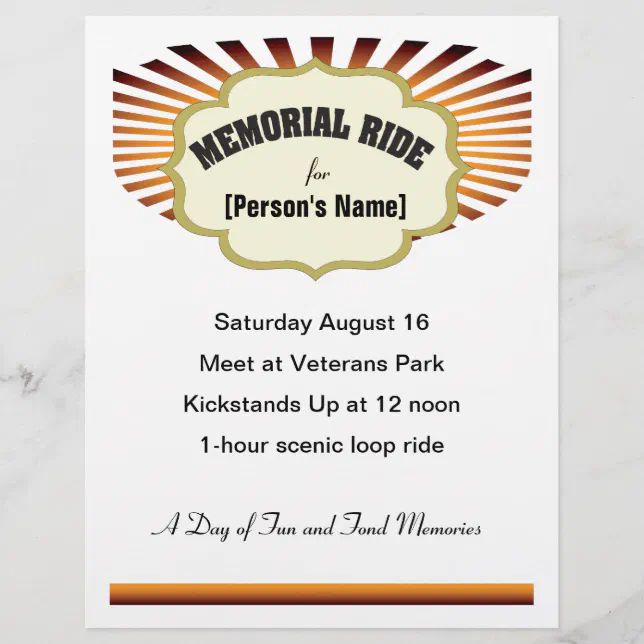 Biker Memorial Ride sunburst invitation flyer | Zazzle