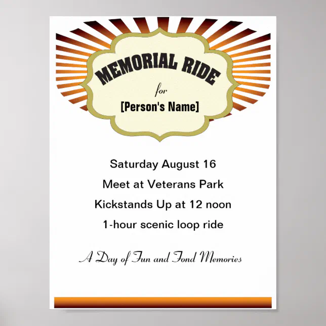 Biker Memorial Ride sunburst invitation Poster | Zazzle