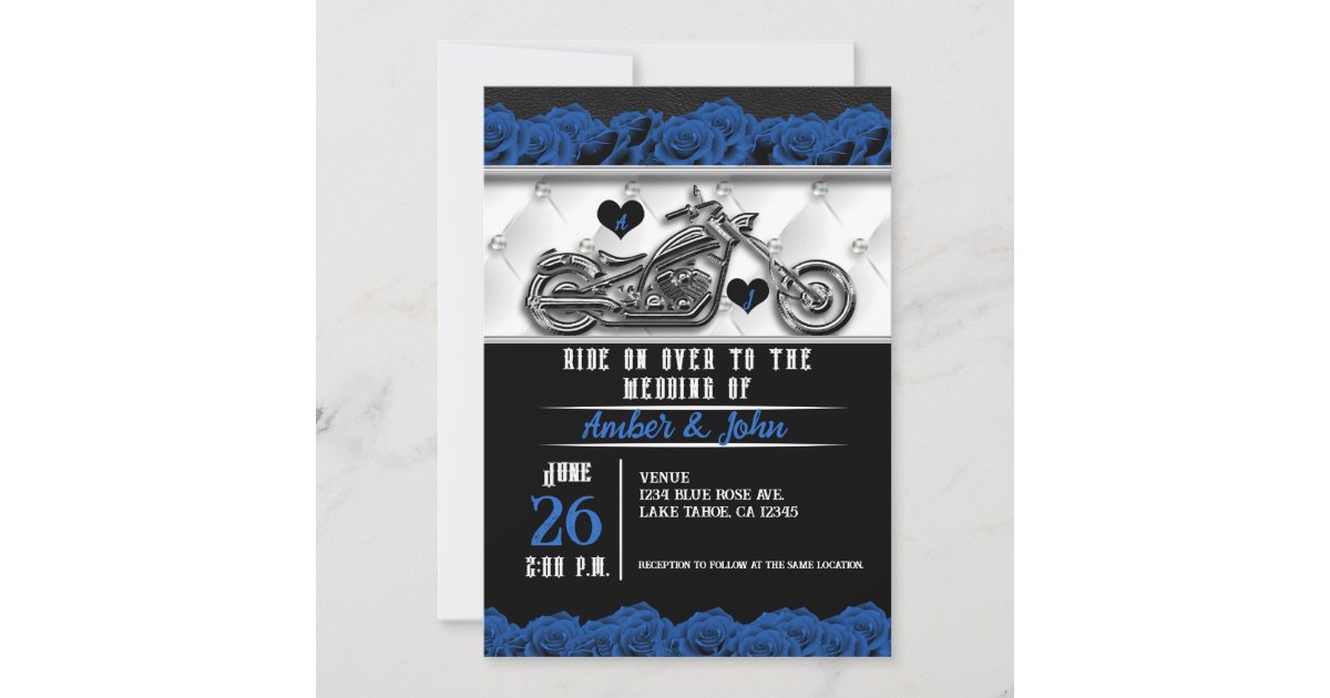 Biker Motorcycle Leather Blue Rose Wedding Invitation | Zazzle