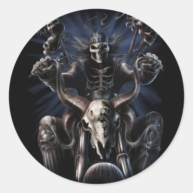 Biker Skeleton Classic Round Sticker | Zazzle