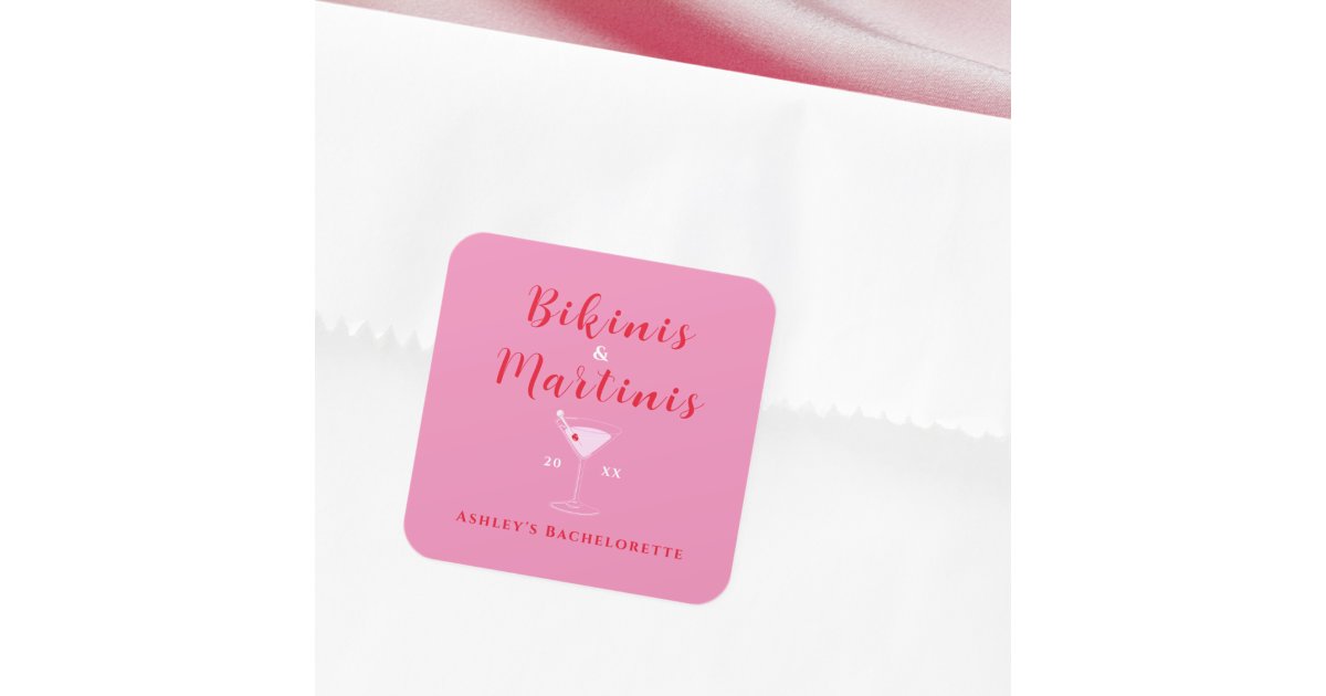 Bikinis And Martinis Pink & Red Bachelorette Party Square Sticker | Zazzle