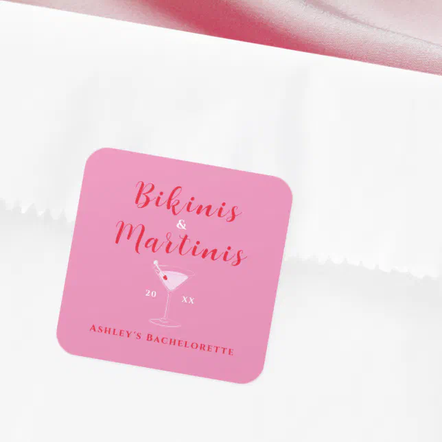 Bikinis And Martinis Pink & Red Bachelorette Party Square Sticker | Zazzle
