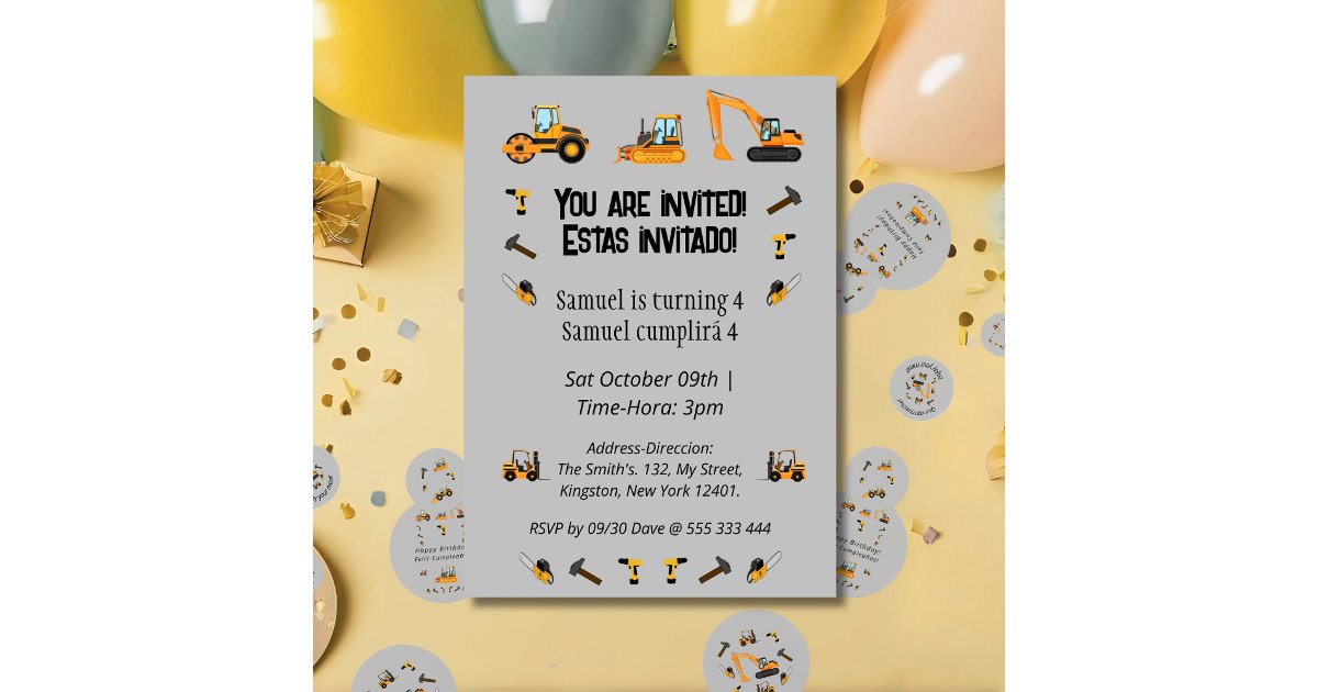 Bilingual Birthday Party Construction Themed Invitation | Zazzle