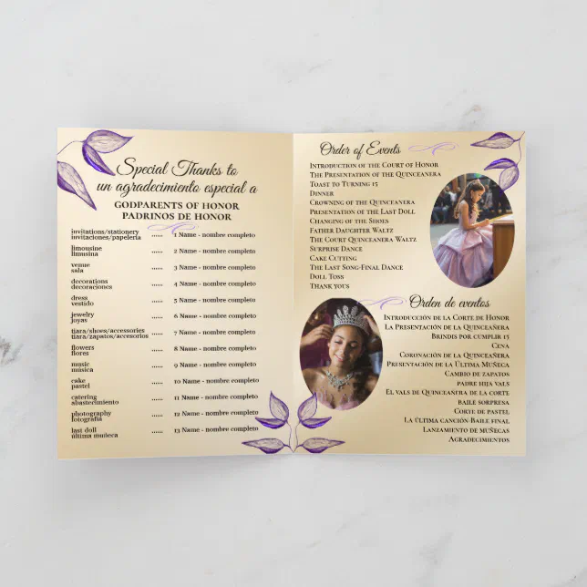 Bilingual Quinceañera Order of Events Program | Zazzle
