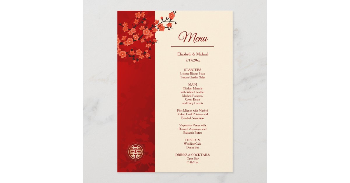 BILINGUAL Red Cherry Blossom Chinese Wedding Menu | Zazzle