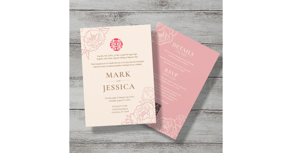 Bilingual Vietnamese Peony Song Hy Wedding Invitation | Zazzle