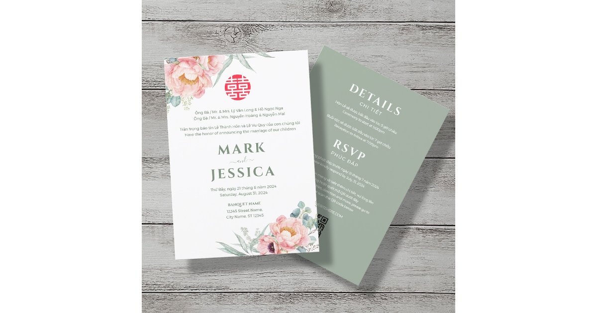Bilingual Vietnamese Peony Song Hy Wedding Invitation | Zazzle