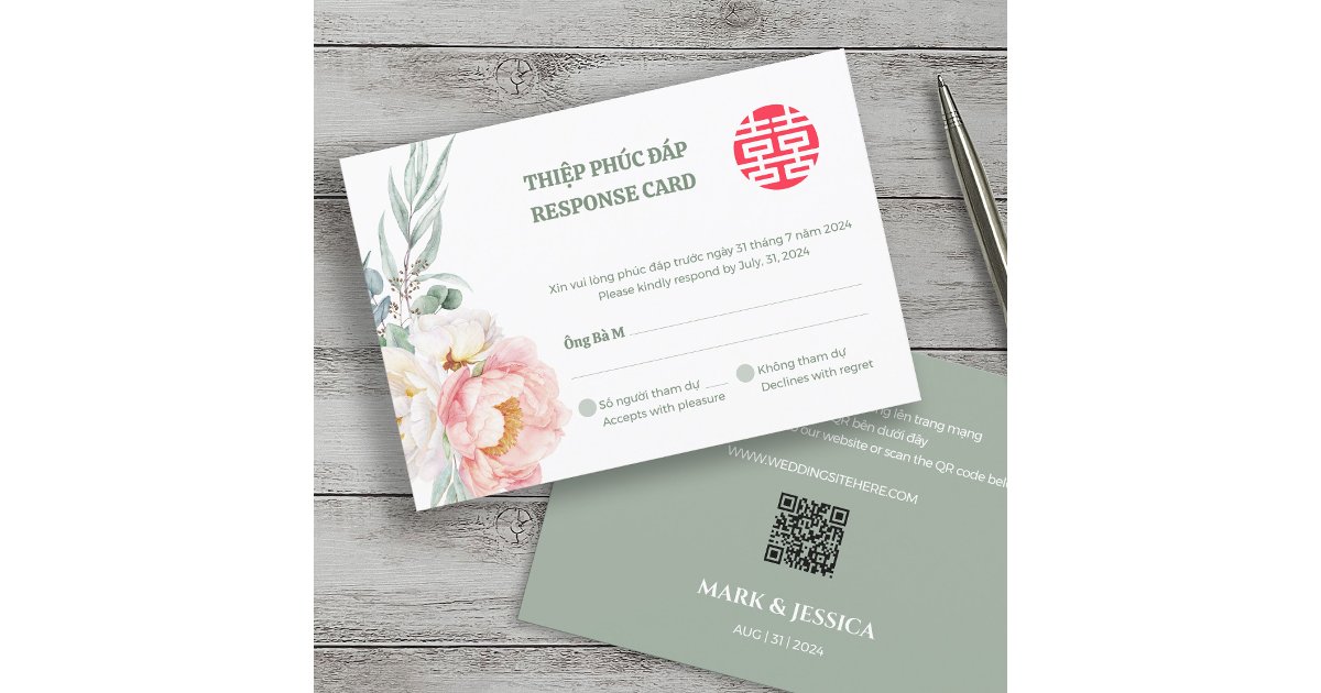 Bilingual Vietnamese Peony Song Hy Wedding RSVP | Zazzle