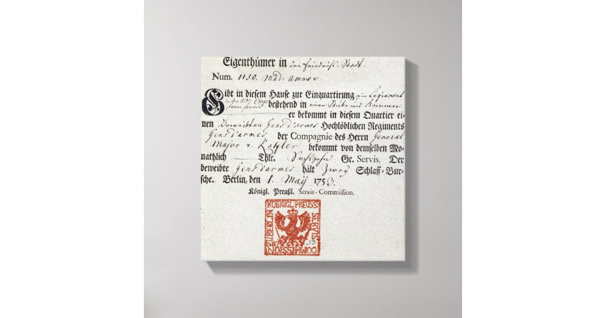 Billeting voucher, 1759 canvas print | Zazzle