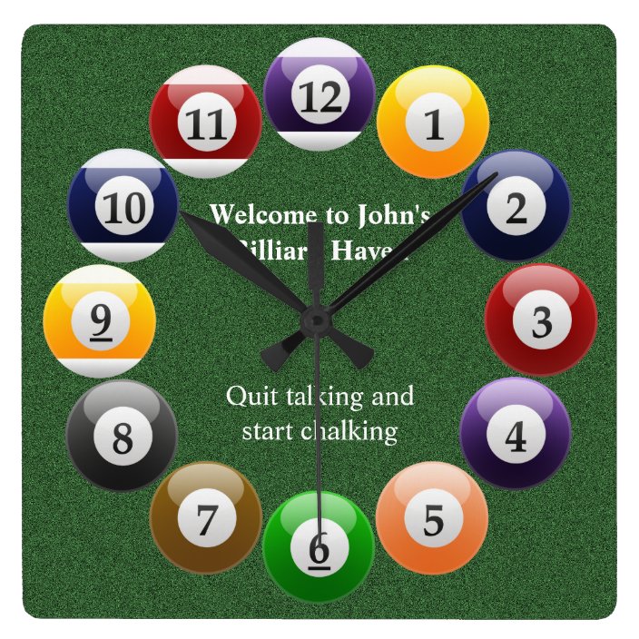 Billiard Balls Shiny Colorful Pool Snooker Sports Square Wall Clock ...