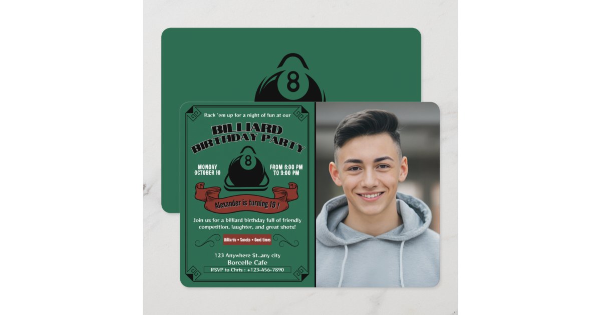 Billiard Birthday Party Pool Theme Custom Photo Invitation | Zazzle