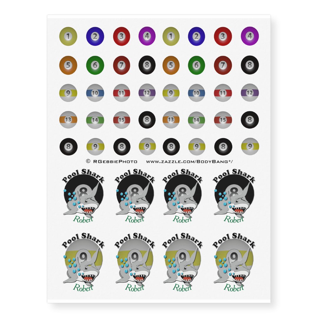 Billiard Pool Ball Set with Shark Temporary Tattoos | Zazzle
