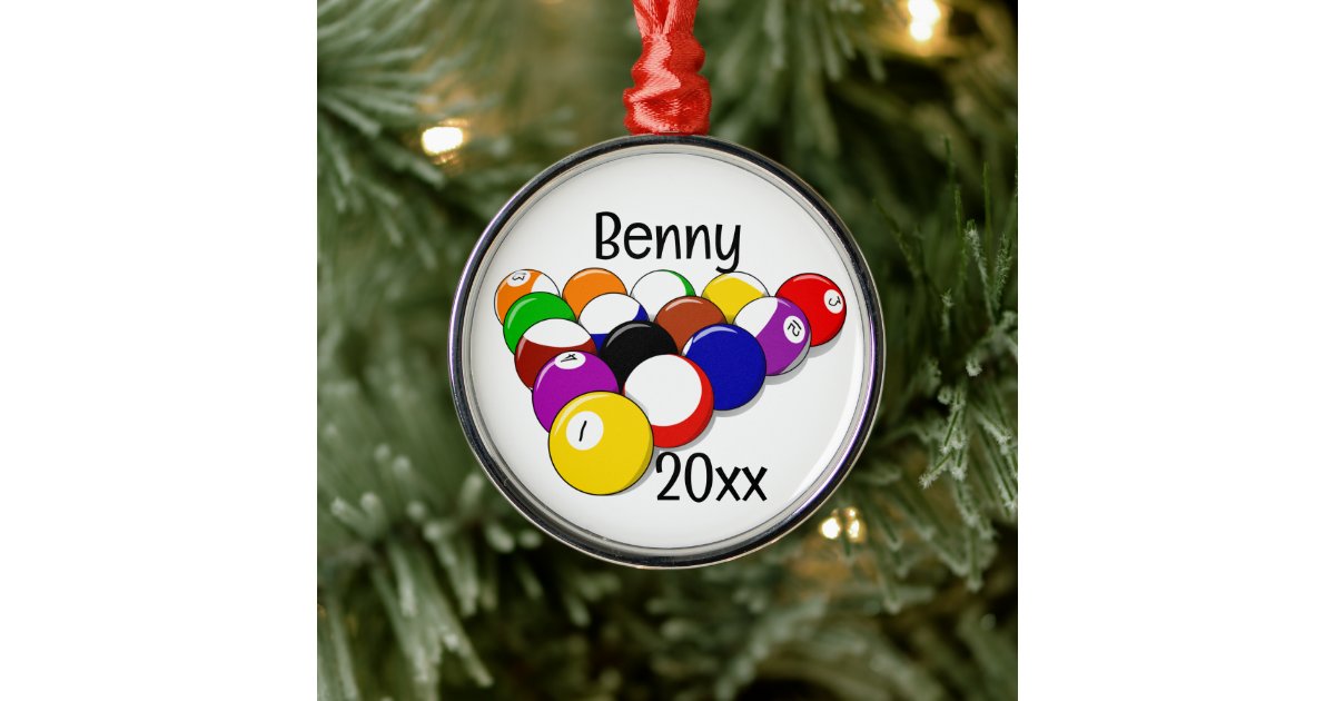 Billiard Pool Balls and Cues Metal Ornament | Zazzle