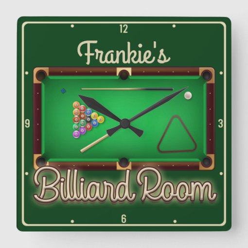 Billiards ADD NAME Pool Table Billiard Game Room Square Wall Clock | Zazzle
