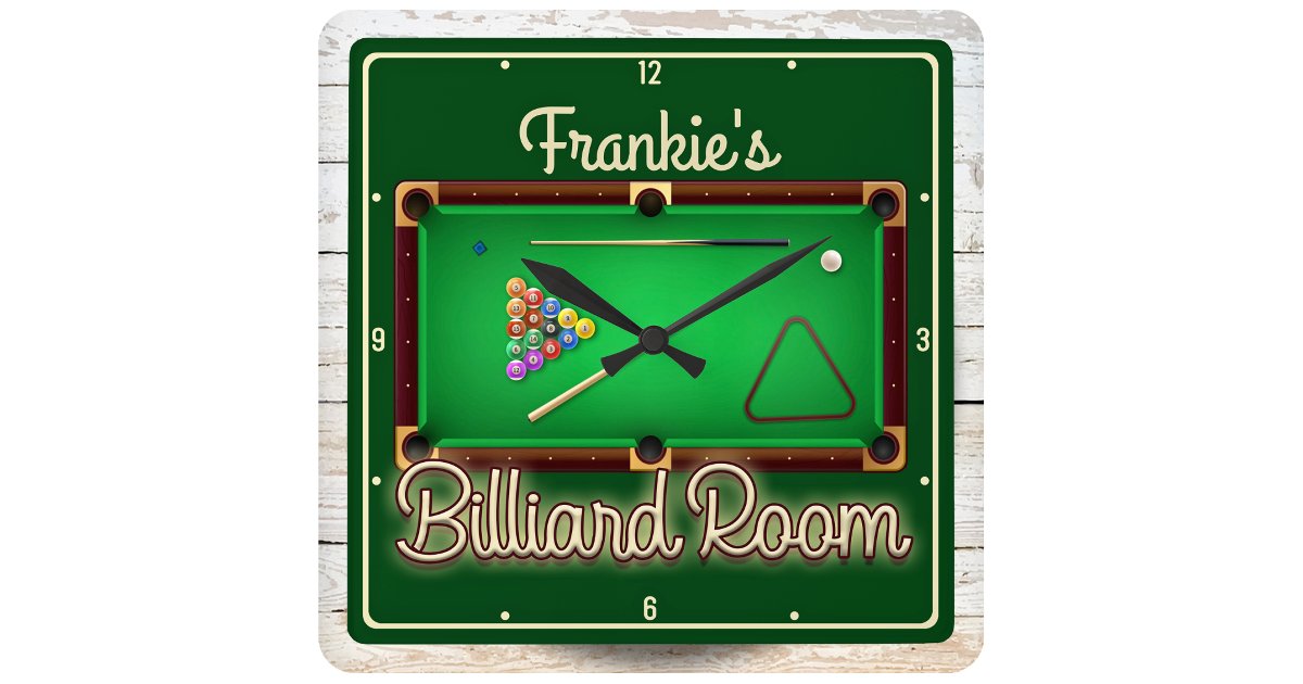 Billiards ADD NAME Pool Table Billiard Game Room Square Wall Clock | Zazzle