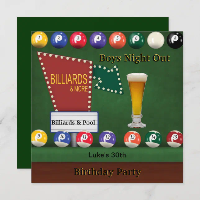 Billiards Pool Mans Birthday Party Night Beer Invitation | Zazzle