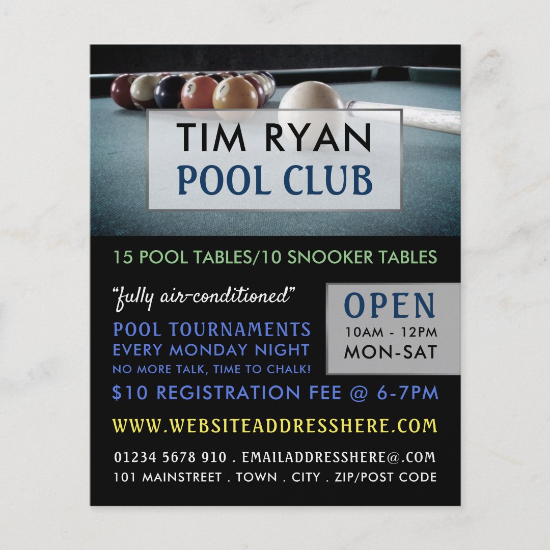 Billiards Table, Pool, Snooker Club Advertising Flyer | Zazzle
