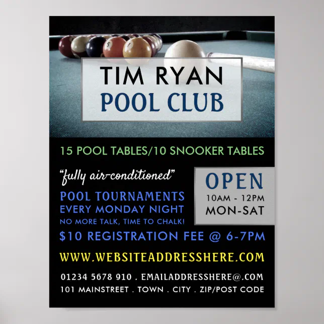 Billiards Table, Pool, Snooker Club Advertising Poster | Zazzle