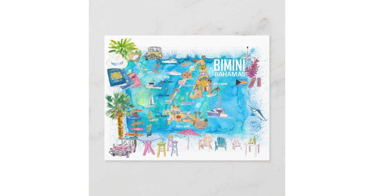 Bimini Bahamas Illustrated Map Postcard | Zazzle