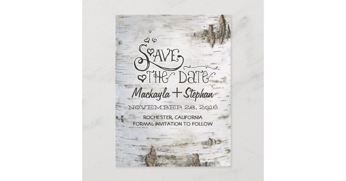 birch bark rustic country save the date postcards | Zazzle