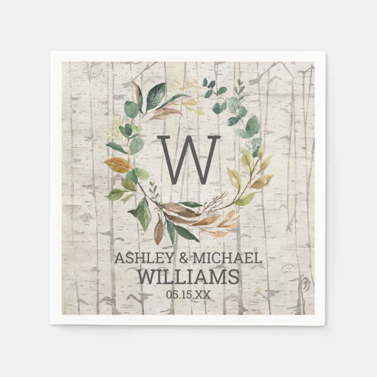 Birch Eucalyptus Greenery Wreath Monogram Wedding Napkins | Zazzle