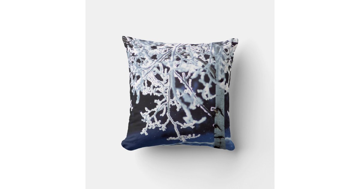 Birch tree frosty branches snowflake throw pillow | Zazzle