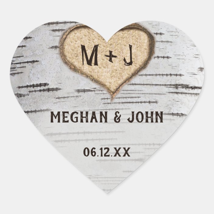 Birch tree heart initials rustic wedding sticker | Zazzle.com