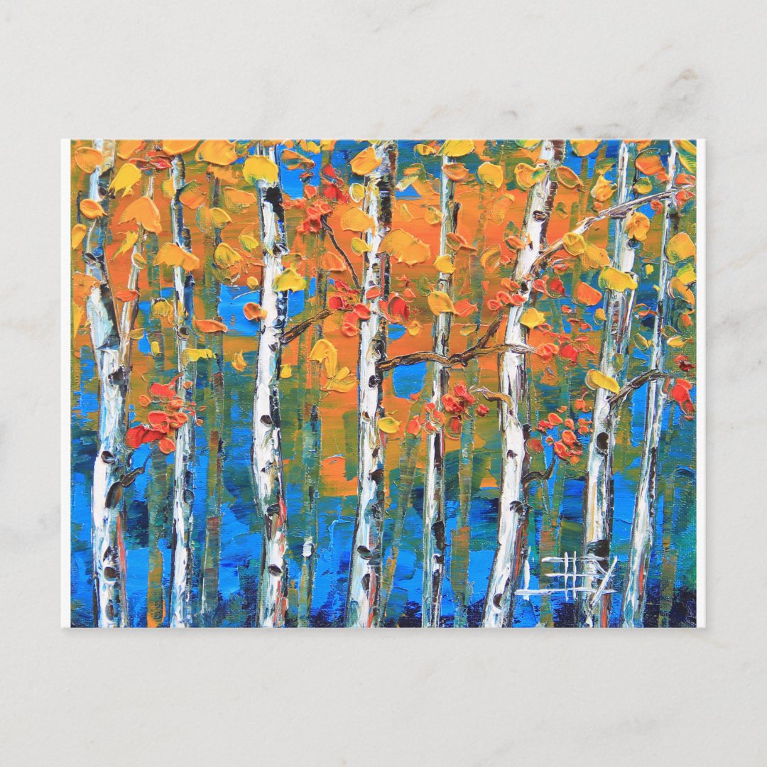 Birch Tree Painting, Blue Birch, Fall Textured Art Postcard | Zazzle
