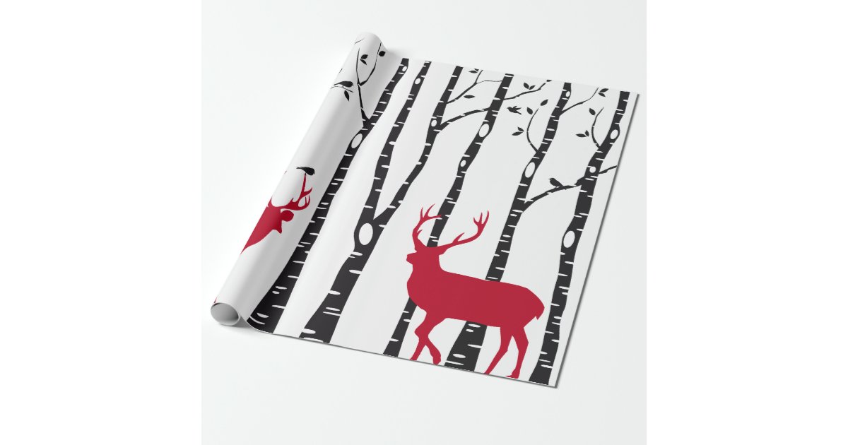 Birch trees with red Christmas deer and birds Wrapping Paper | Zazzle
