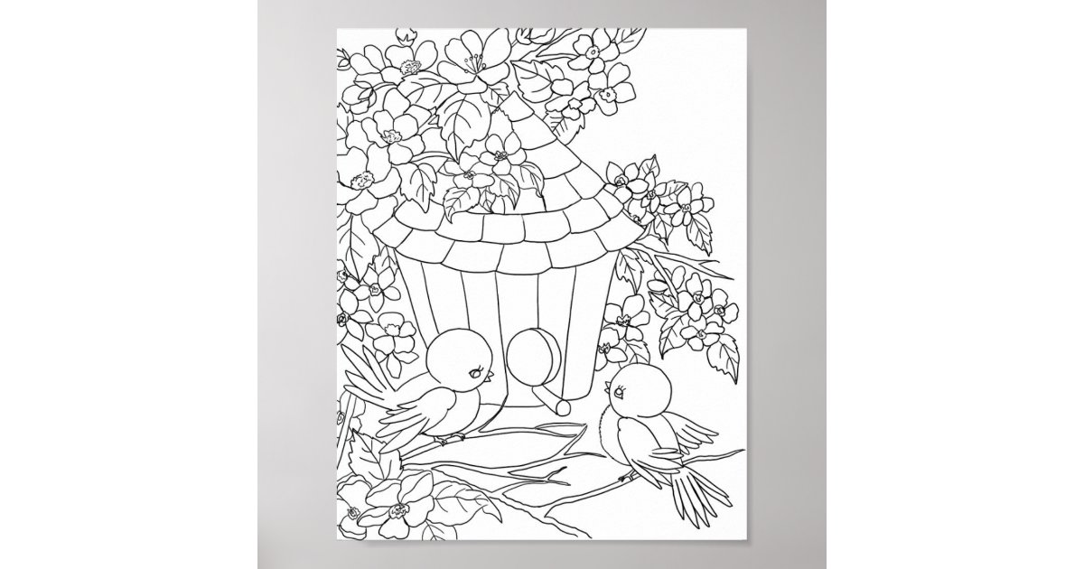 Bird Birdhouse floral tree art adult coloring Poster | Zazzle