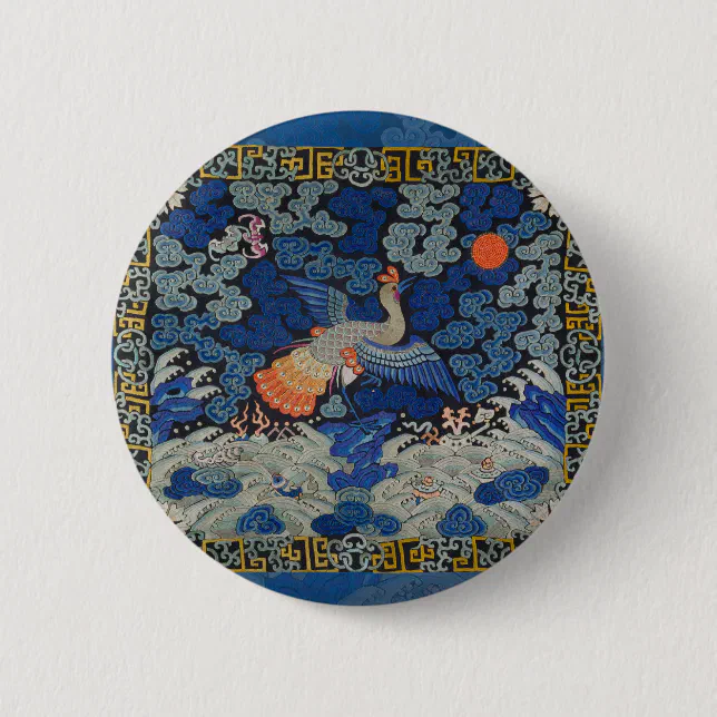 Bird Blue Chinese Embroidery Vintage Button | Zazzle