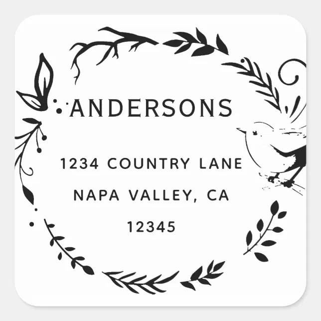 Bird & Botanical Wreath Return Address Square Sticker | Zazzle