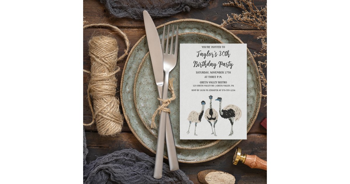 Bird Lovers Emu Themed Birthday Party Invitation | Zazzle