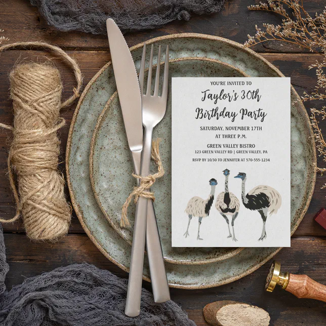 Bird Lovers Emu Themed Birthday Party Invitation | Zazzle