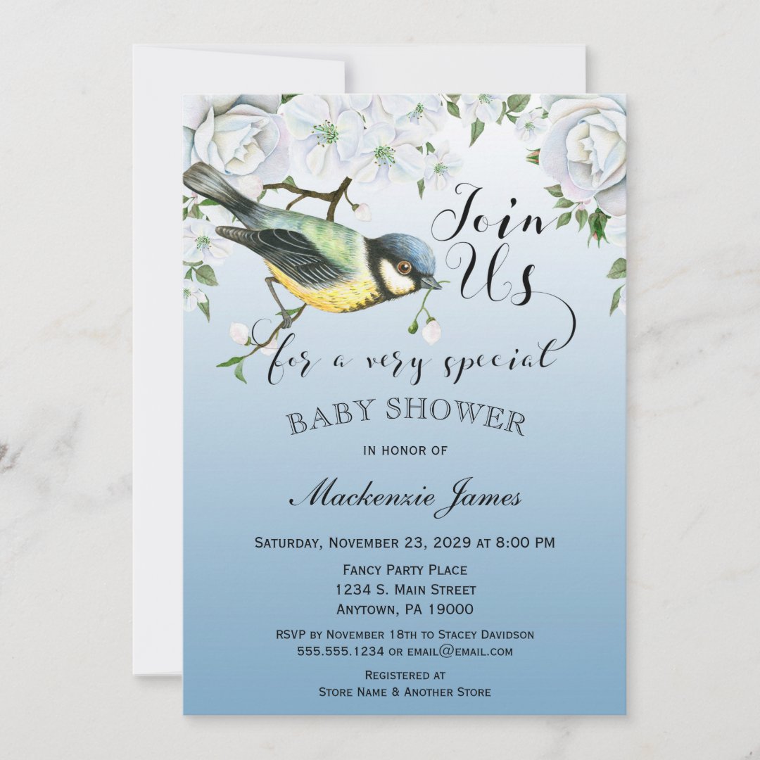 Bird Nature Baby Shower Invitation Blue Floral | Zazzle