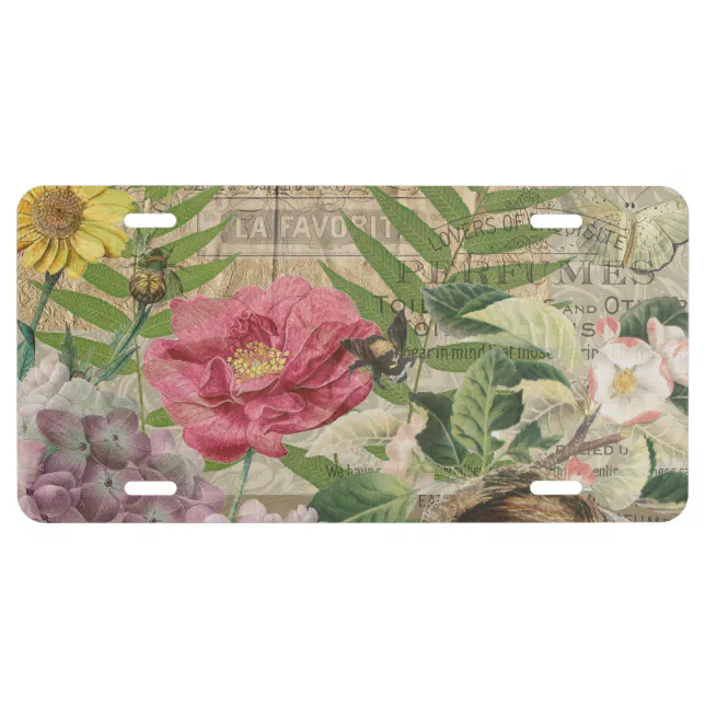 Bird Nest Floral Garden Flower Butterfly Art License Plate | Zazzle