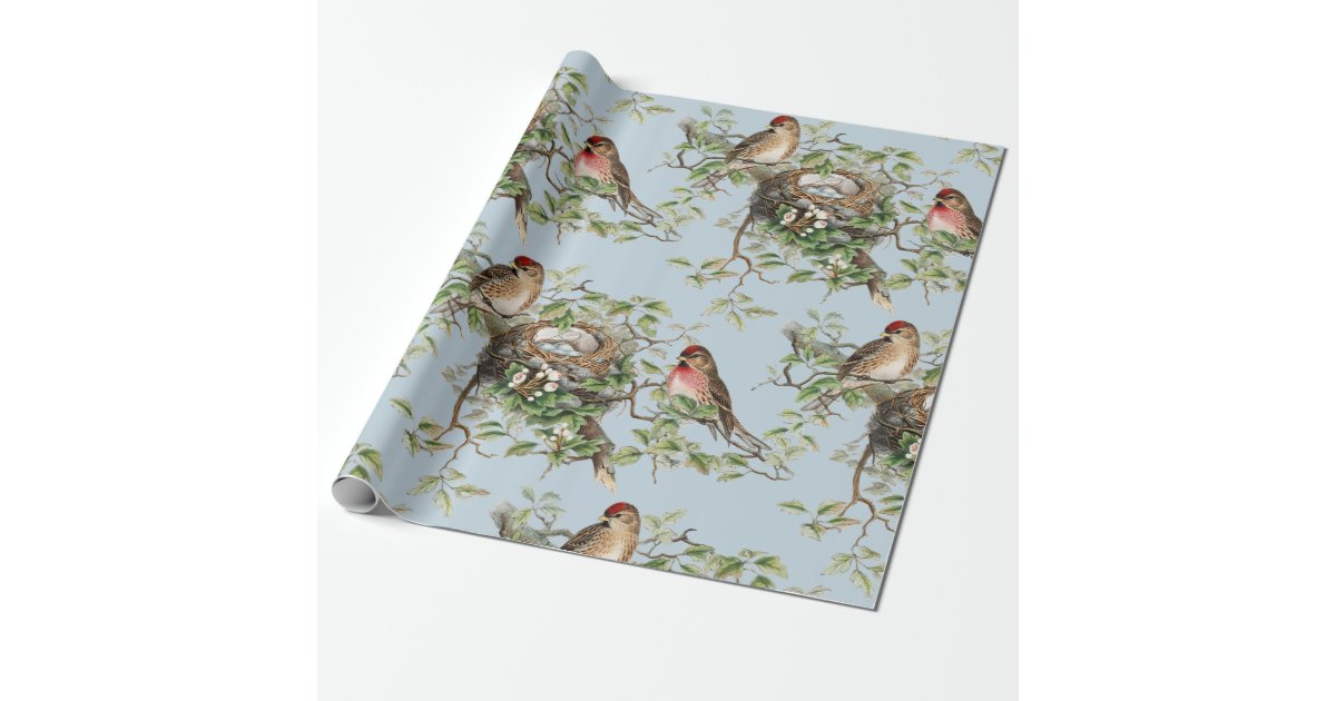 Bird Nest Pattern Vintage Blue Nature Decoupage Wrapping Paper | Zazzle