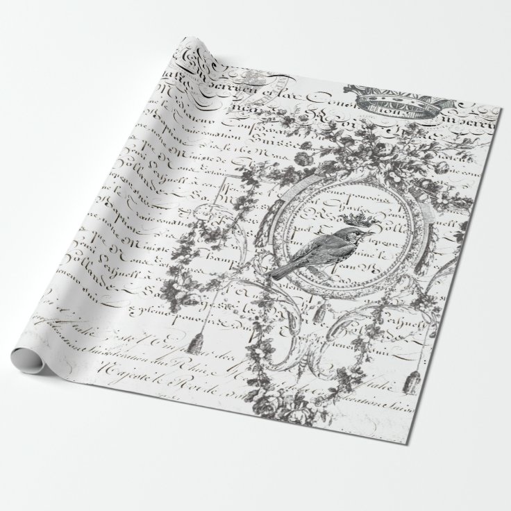 Bird Script Decoupage Poster Wrapping Paper | Zazzle