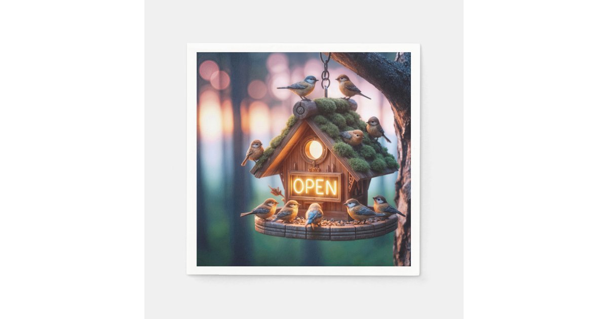 Birdhouse With Neon Open Sign Napkins | Zazzle