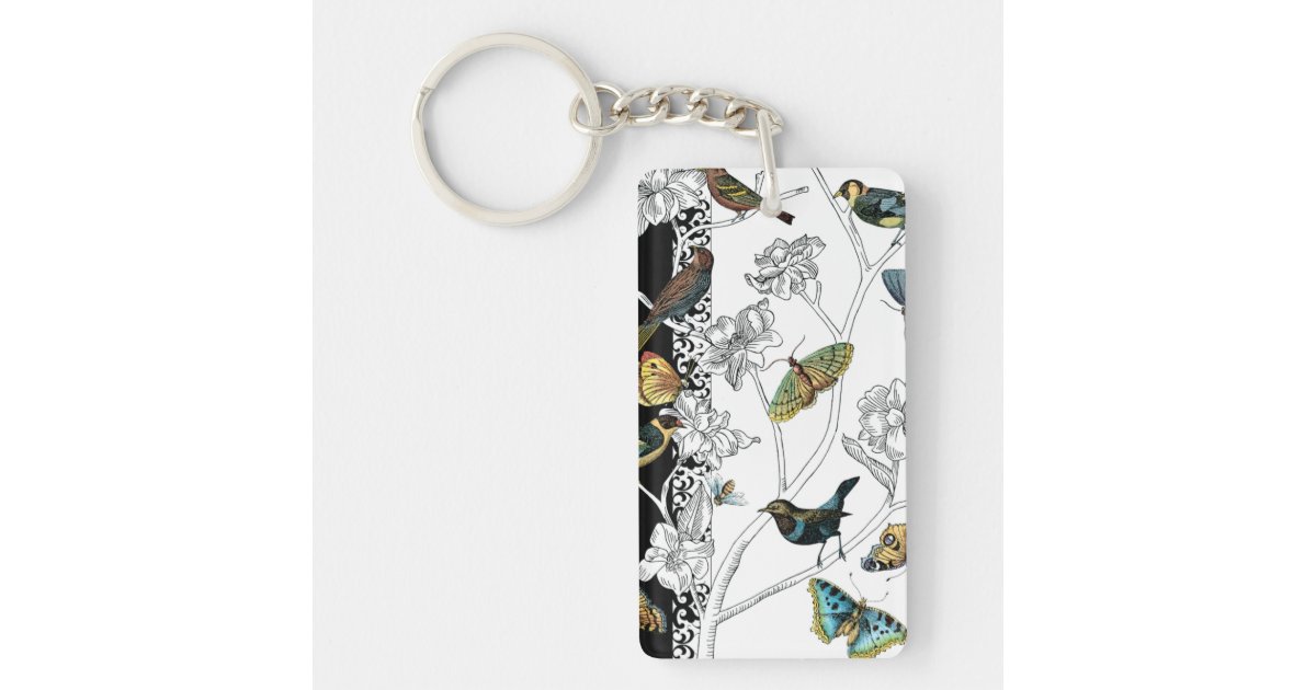 Birds and Butterfly on a Black & White Background Keychain | Zazzle