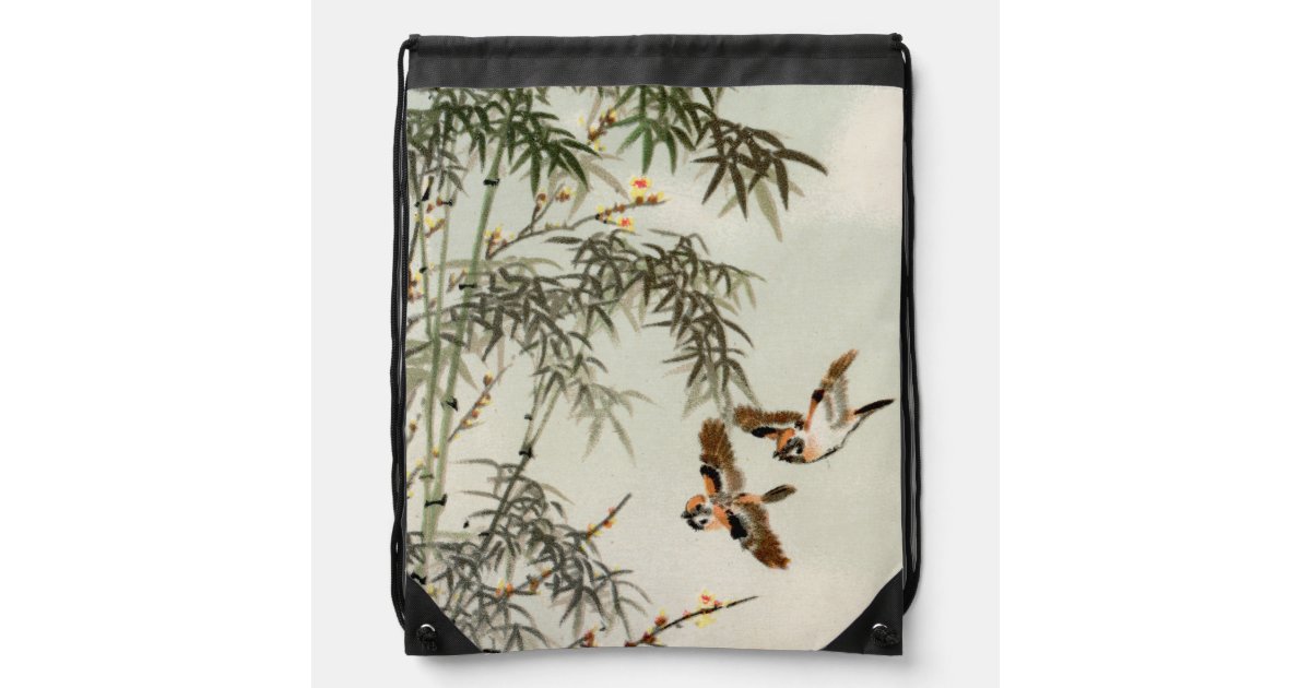 Birds Bamboo Asian Japanese Vintage Drawstring Bag | Zazzle