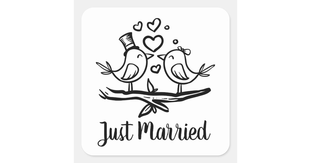 Birds Black White Lovebirds Wedding Just Married Square Sticker | Zazzle