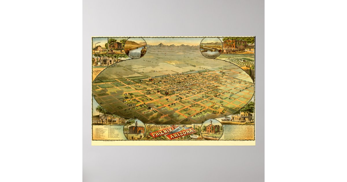 Bird's eye view map of Phoenix, Arizona in 1885 Poster | Zazzle