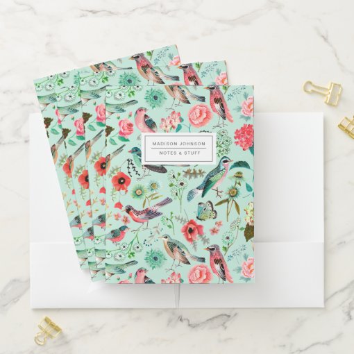 Birds & floral mint green all-over print pocket folder | Zazzle