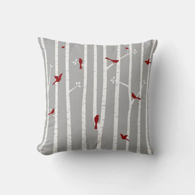 Birds in Birch Trees Red White Grey Throw Pillow | Zazzle