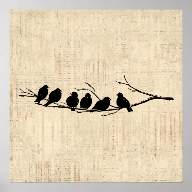 Birds on Tree Branch Vintage Bird Art Poster | Zazzle