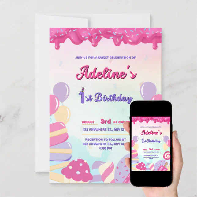 BIRHDAY ONE YEAR PINK AND CANDY SWEET INVITATION | Zazzle